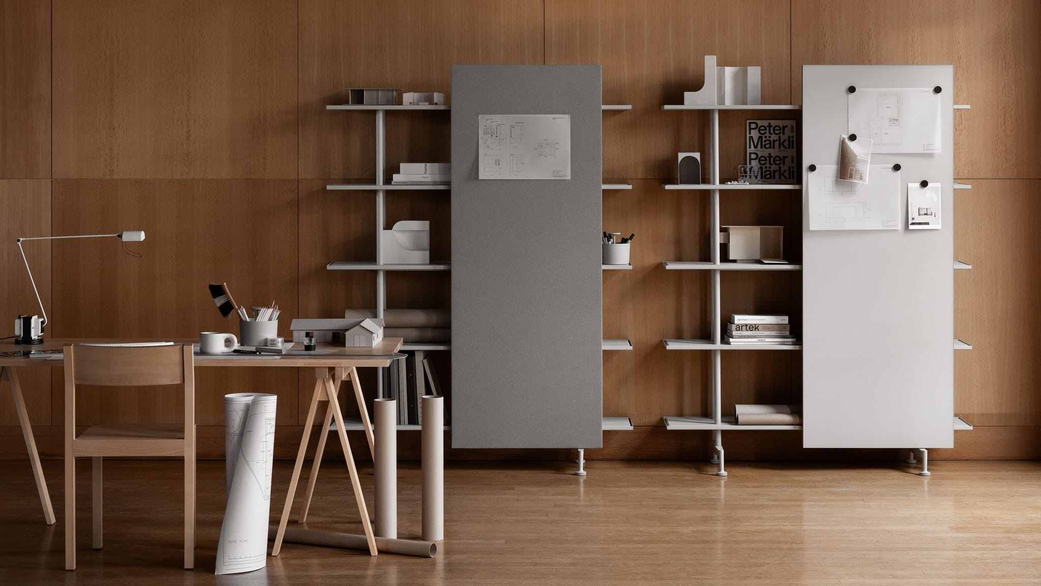 A08. Dynamic and writable shelf unit with sound absorption. | LINTEX