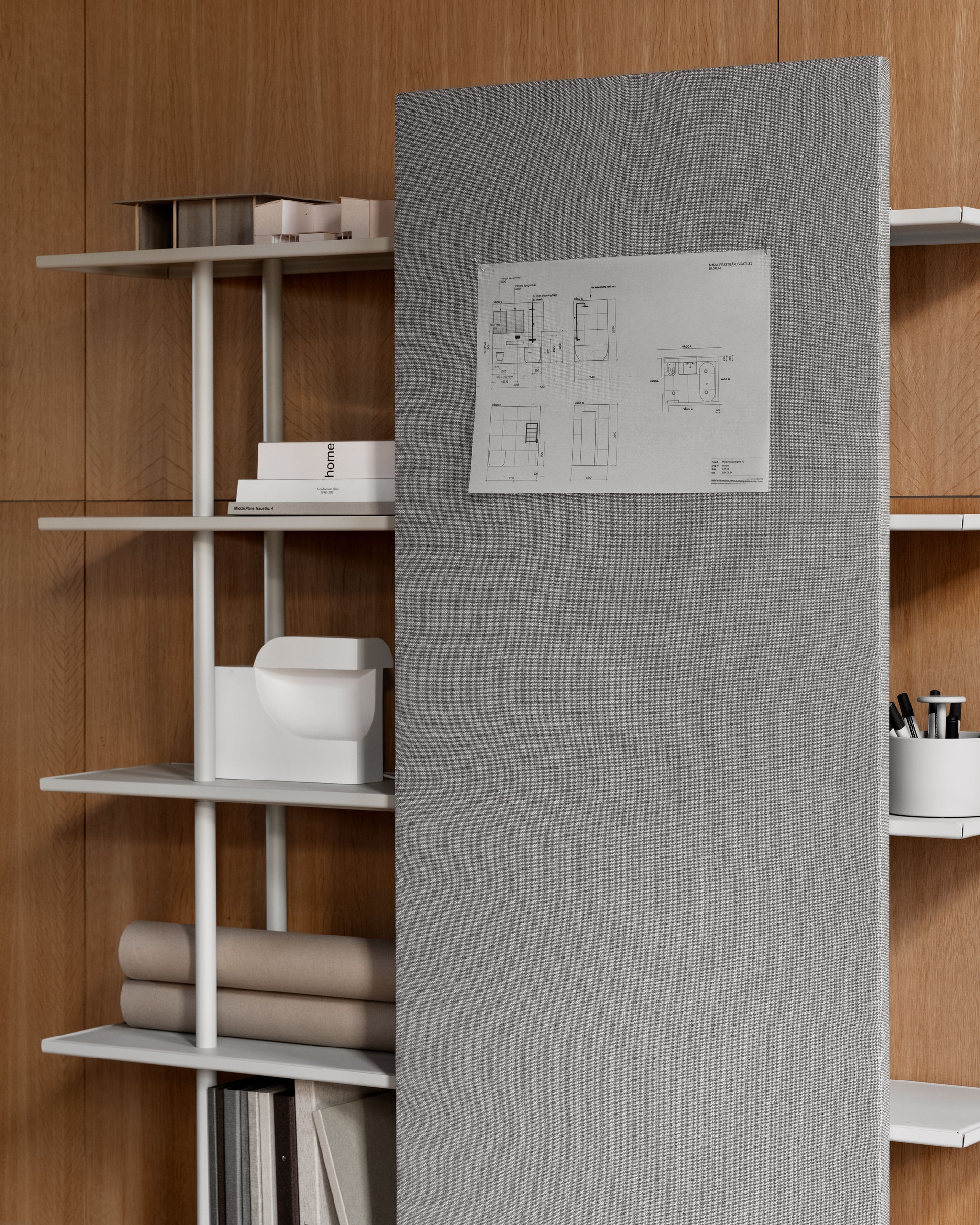 A08. Magnetic glass whiteboard shelf unit with acoustic back panel ...