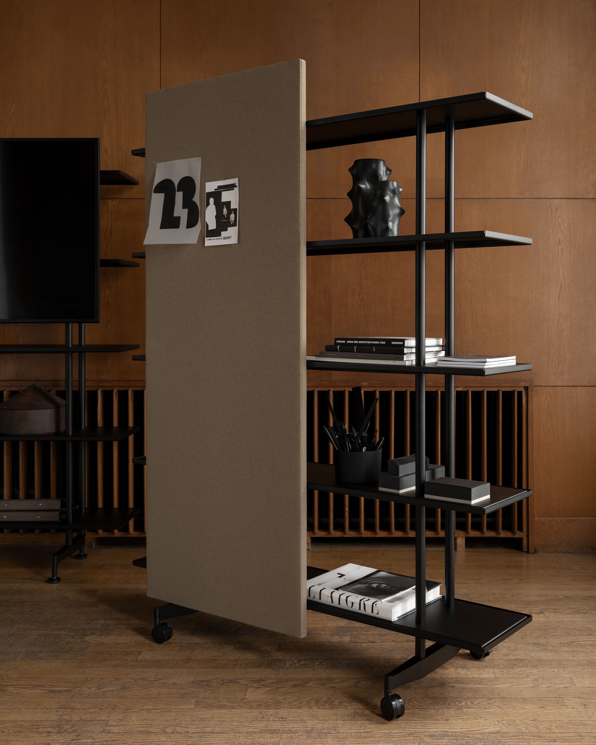 A08. Magnetic glass whiteboard shelf unit with acoustic back panel ...